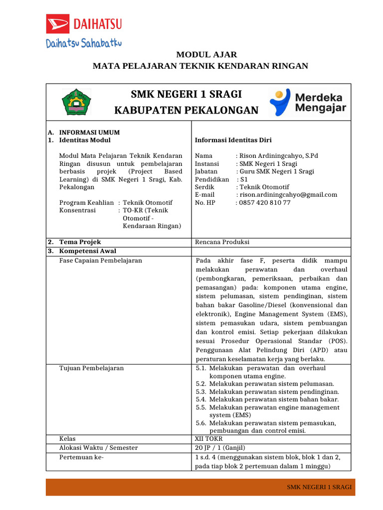 Modul Ajar TKR Kelas XII | PDF