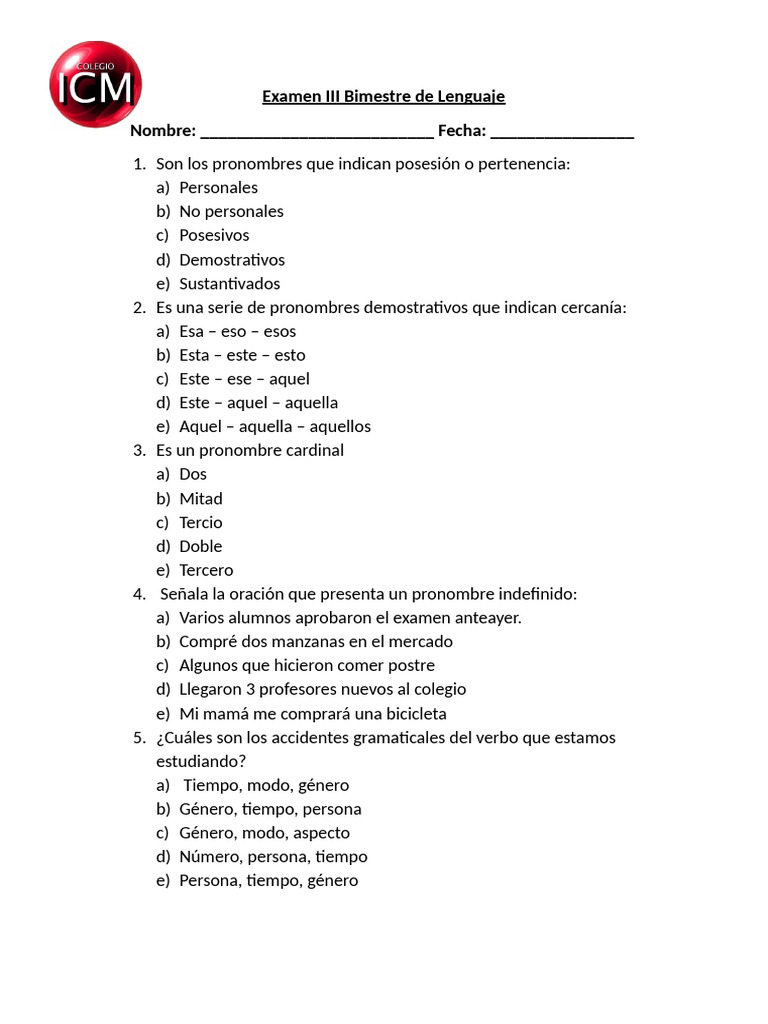 Examen de Lenguaje: Pronombres y Verbos | PDF