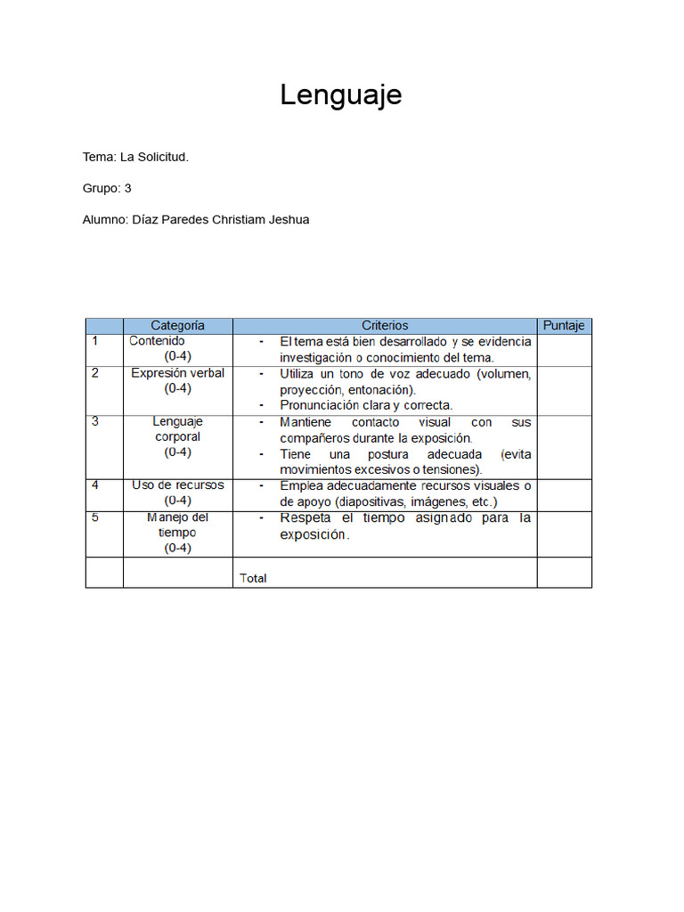 Rubrica Lenguaje | PDF