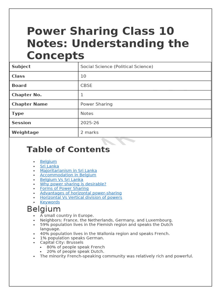 Power Sharing Class 10 Notes | PDF | Sri Lanka | Democracy