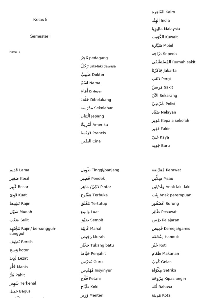 Kamus Bahasa Arab Kelas 5 | PDF
