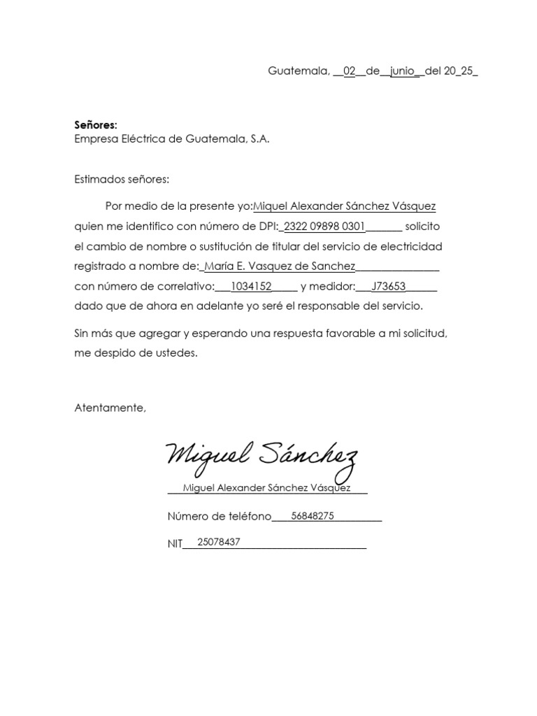 Carta para Solicitud de Cambio de Nombre Documento Complementario | PDF