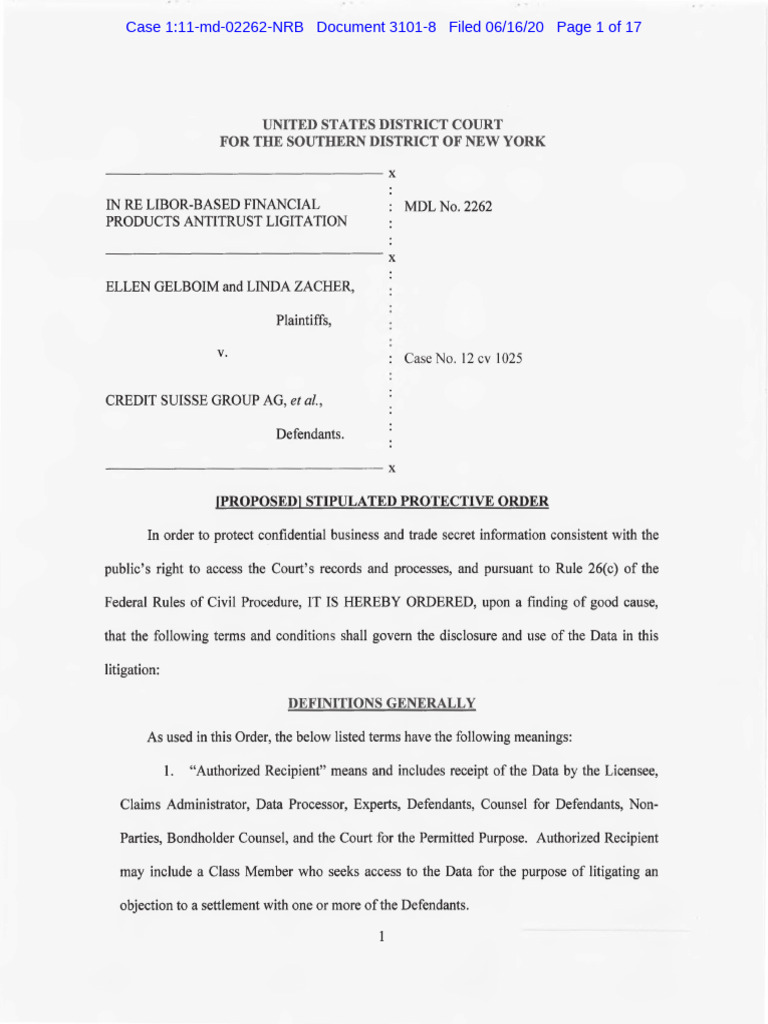 LIBOR - Stipulated CUSIP Global Services Protective Order | PDF