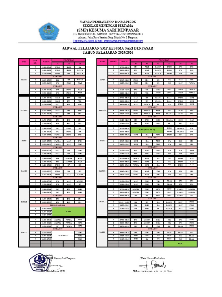 Jadwal Pelajaran 2025-2026 | PDF