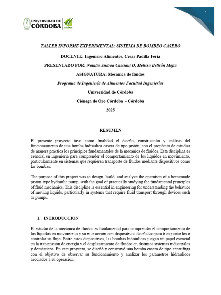 Informe Fluidos Exper | PDF | Bomba | Ingeniería mecánica