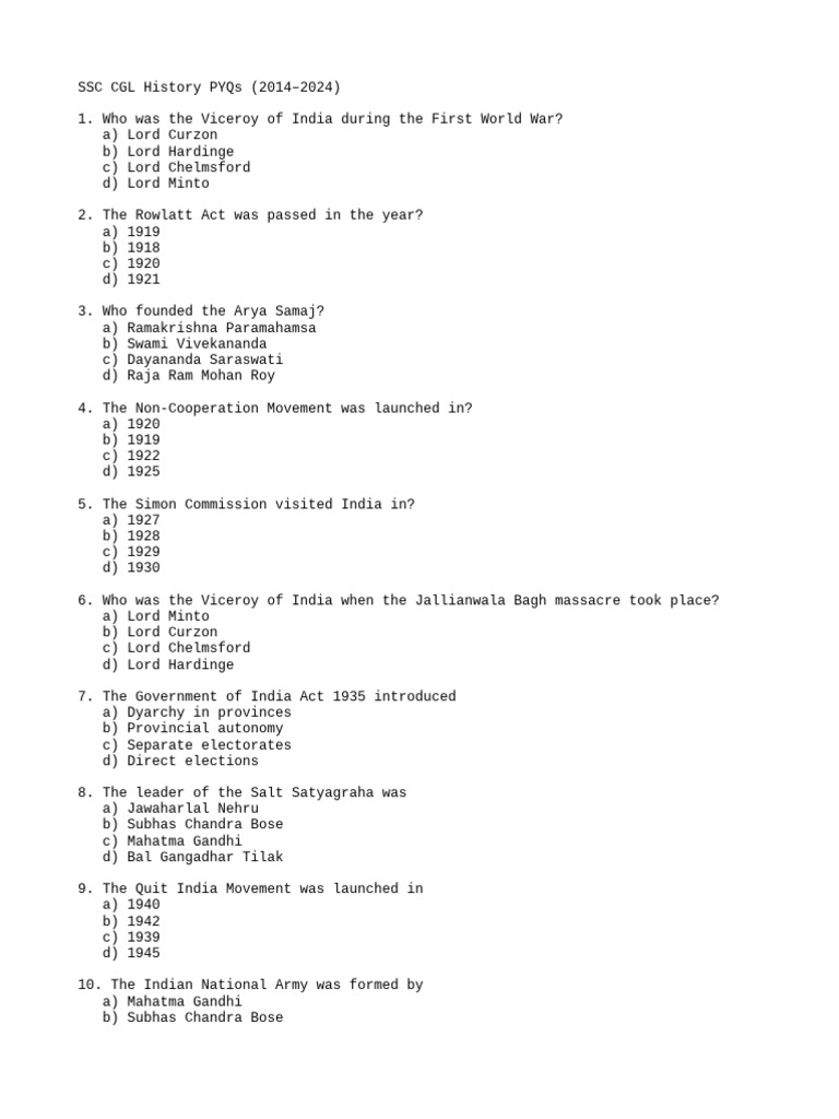 SSC CGL History Pyqs 2014 2024 | PDF