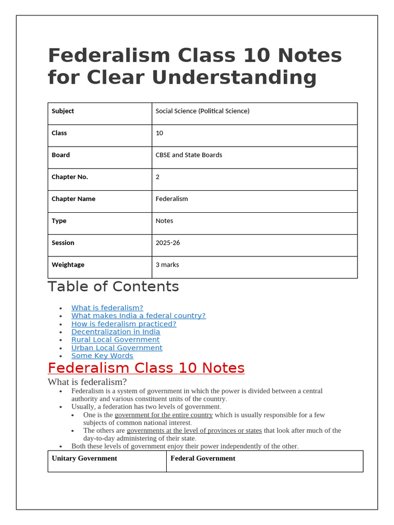 Federalism Class 10 Notes For Clear Understanding | PDF | Government ...