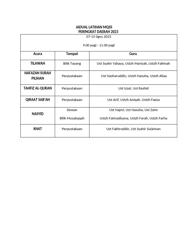 Jadual Latihan Mqss 2023 (1) (1) | PDF