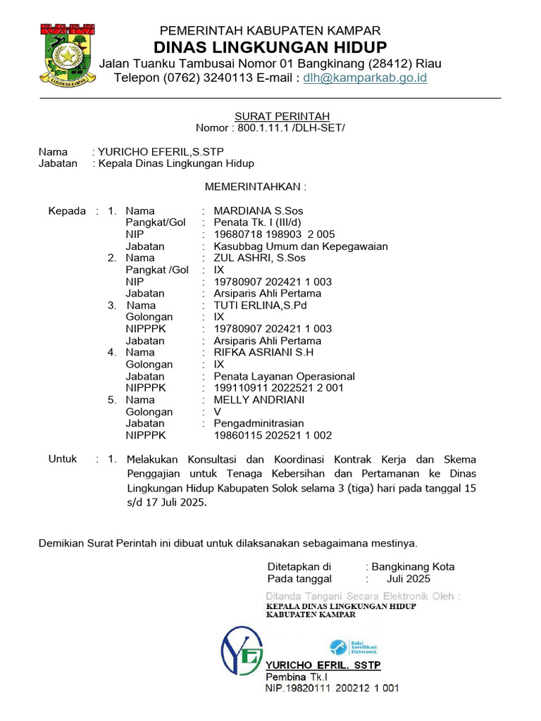 Surat Perintah Koordinasi Tenaga Kebersihan | PDF