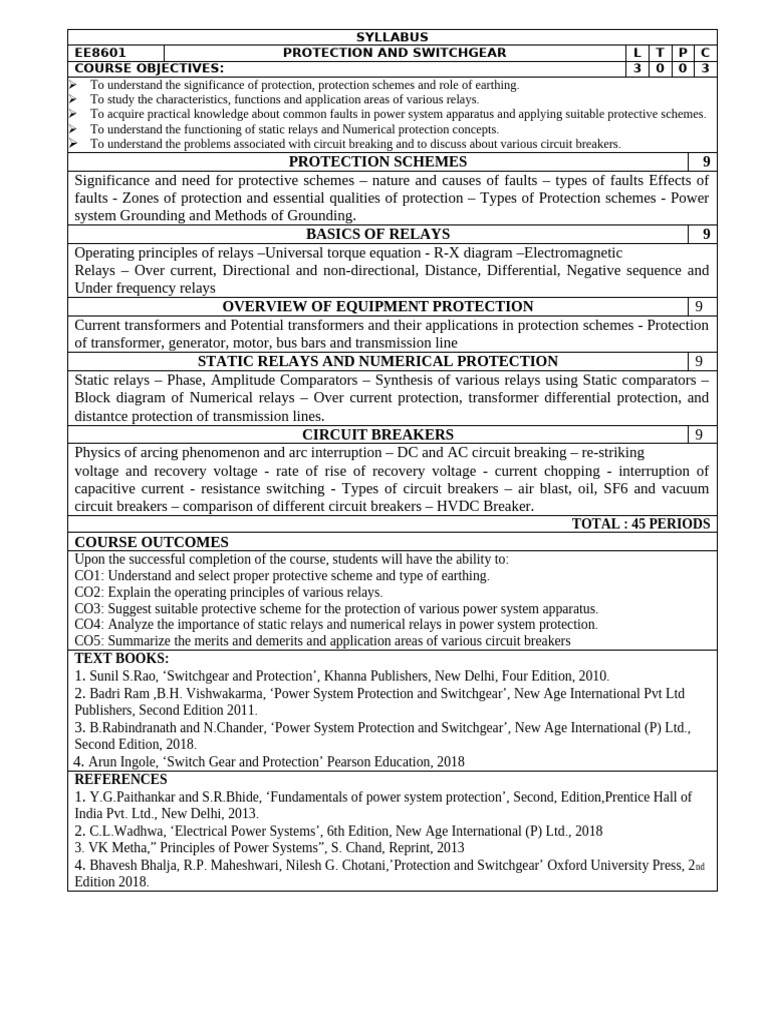 EE3601 PSG Syllabus | PDF | Transformer | Relay