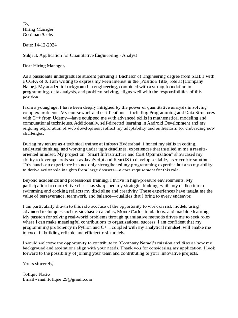 Goldman Sachs Cover Letter | PDF | Computer Programming | Engineering