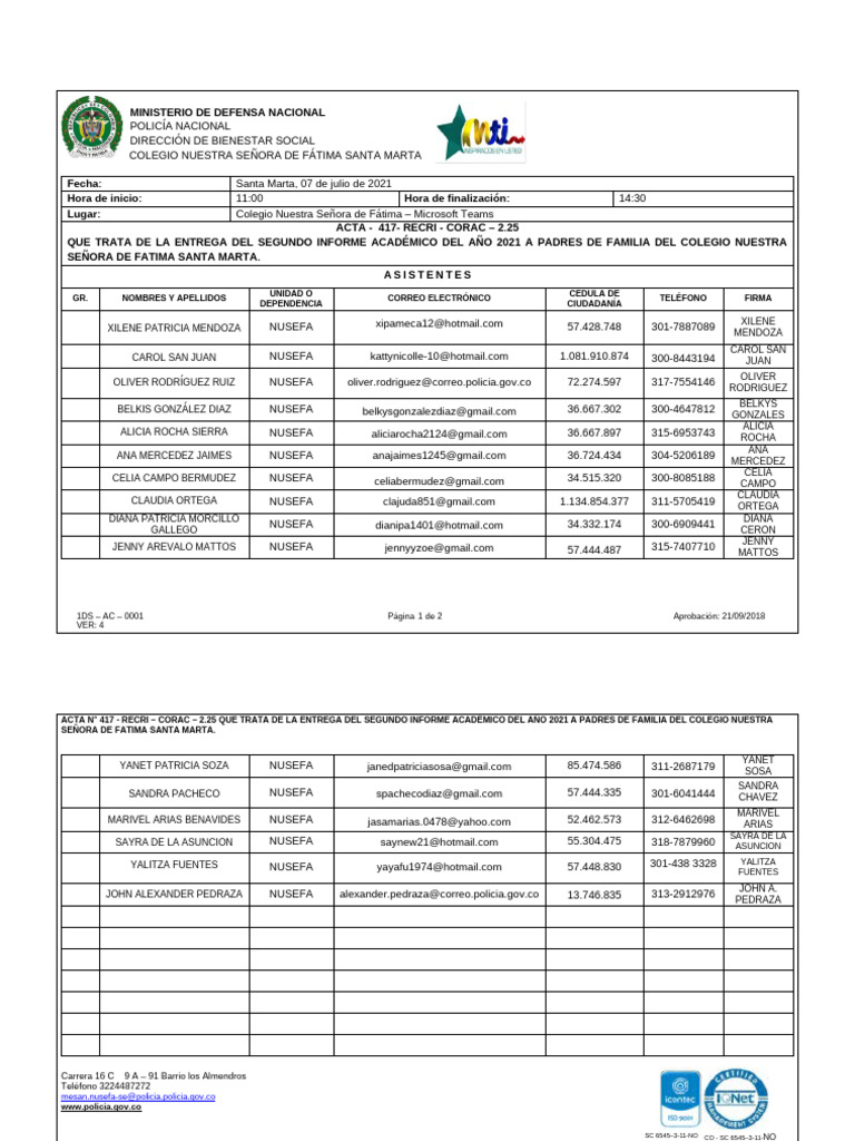 Acta (417) Hoja de Firmas de La Entrega de Informe Academico (Segundo ...
