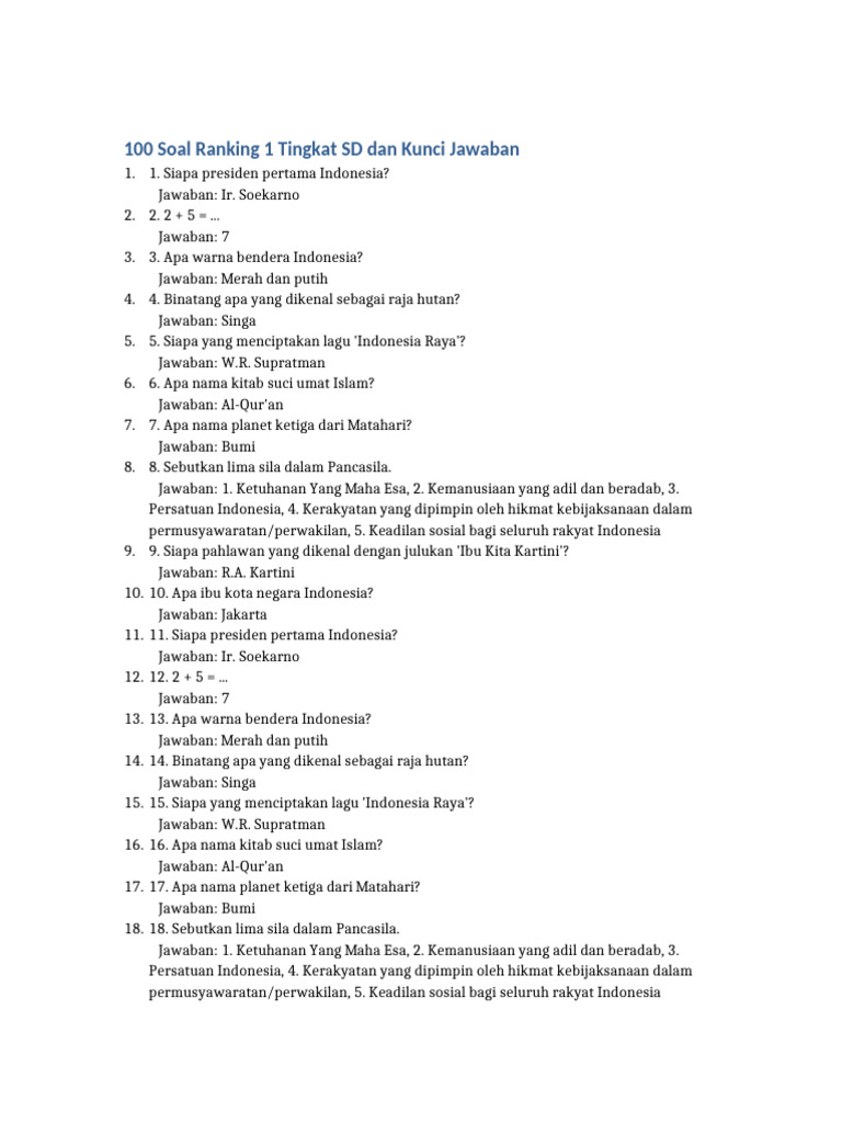 100 Soal Ranking 1 SD Dengan Jawaban | PDF