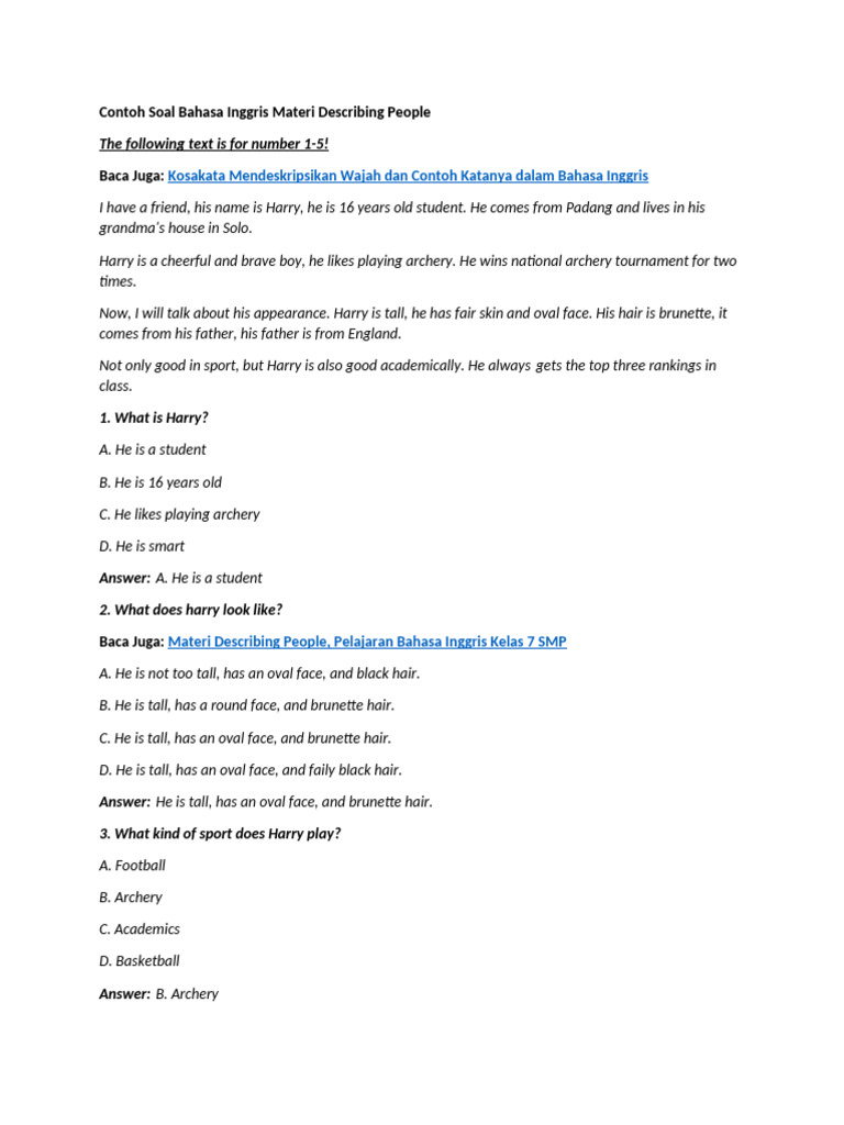 Contoh Soal Bahasa Inggris Materi Describing People | PDF