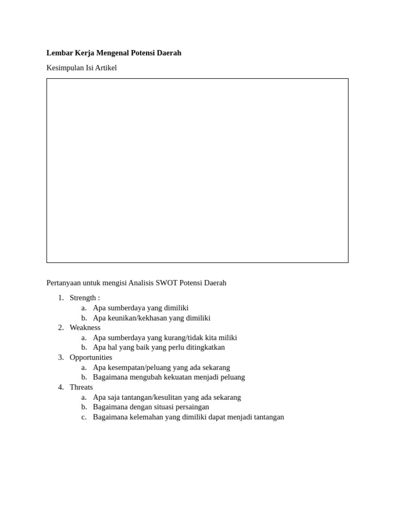 Lembar Kerja Analisis SWOT Daerah | PDF