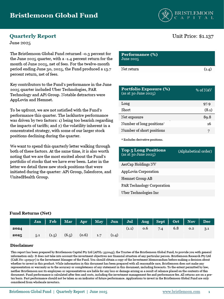 Bristlemoon Global Fund June 2025 Quarterly Report VF | PDF | Stocks | Business