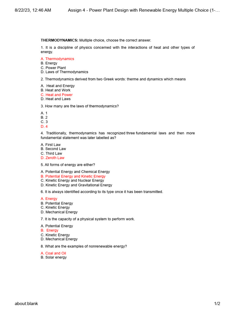 Assign 4 - Power Plant Design With Renewable Energy Multiple Choice (1 ...