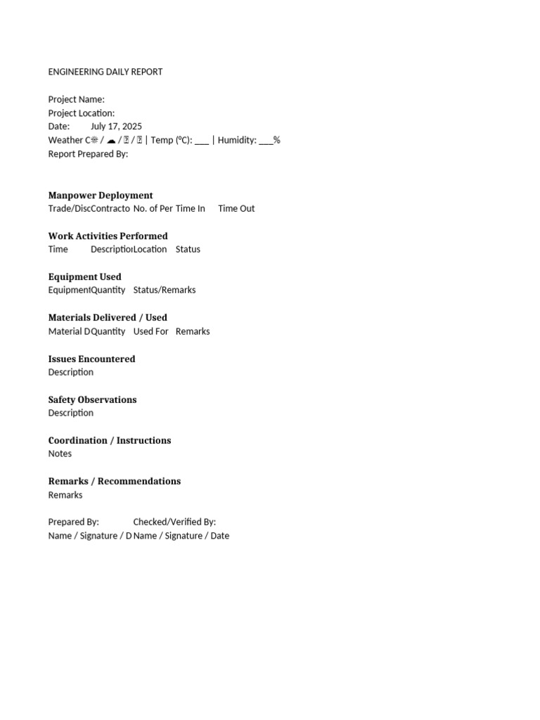 Engineering Daily Report Template | PDF
