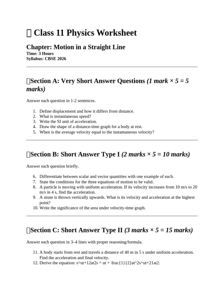 Motion in a Straight Line Worksheet | PDF | Acceleration | Velocity