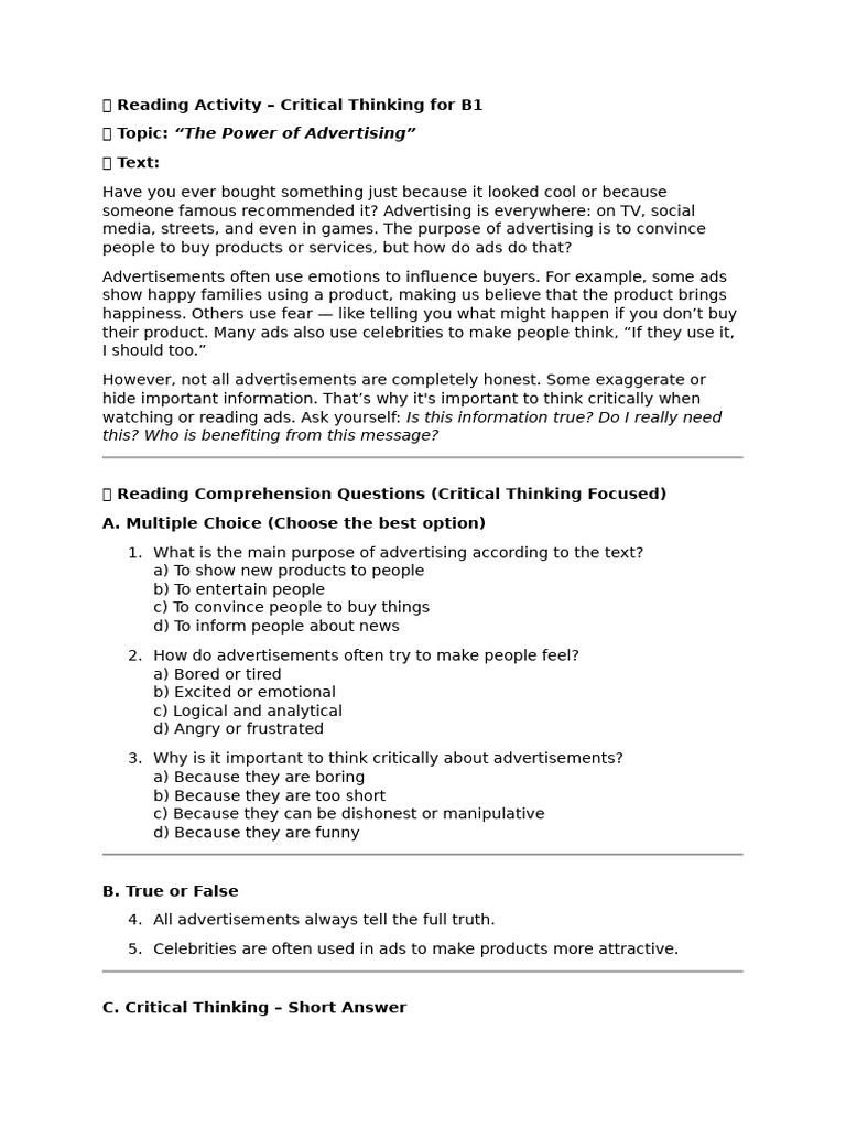 Critical Thinking ? Reading Activity | PDF