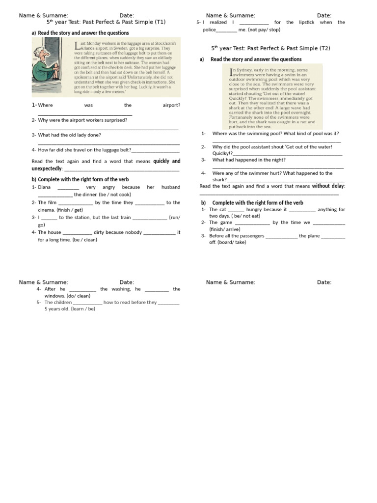5th Year Test PAst Perfect Past Simple T1 y T2 | PDF