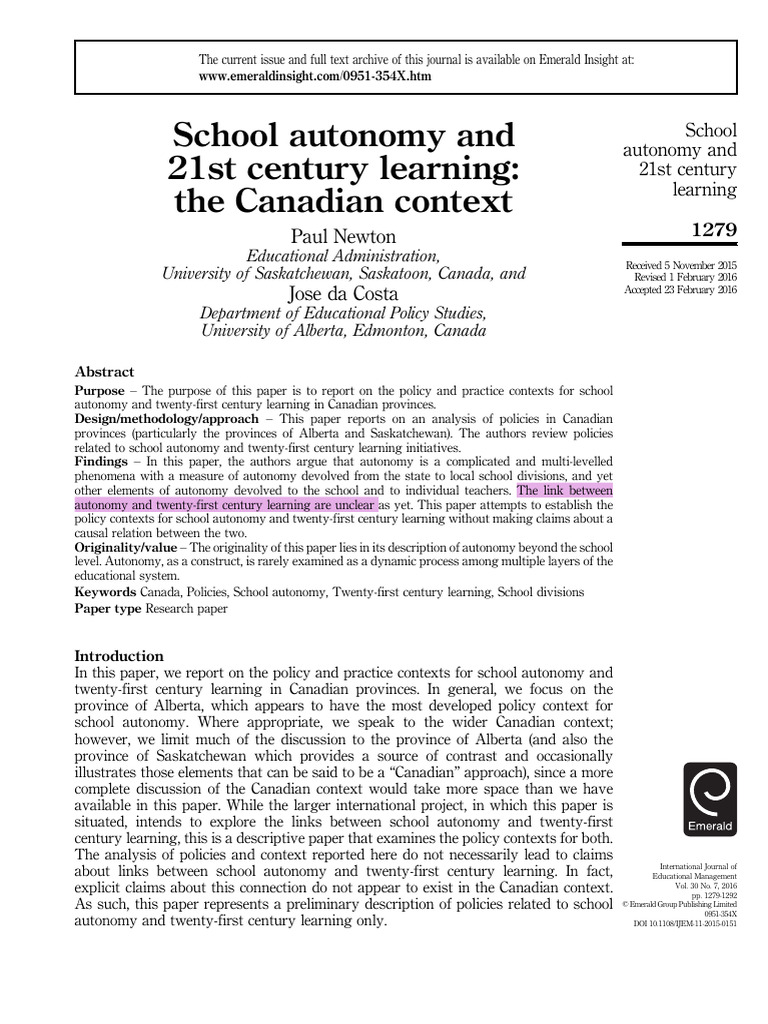 School Autonomy and 21st Century Learning Canadian Context | PDF ...
