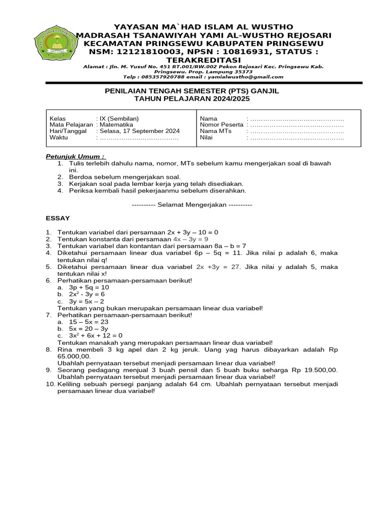 Soal PTS Matematika Kelas 9 | PDF