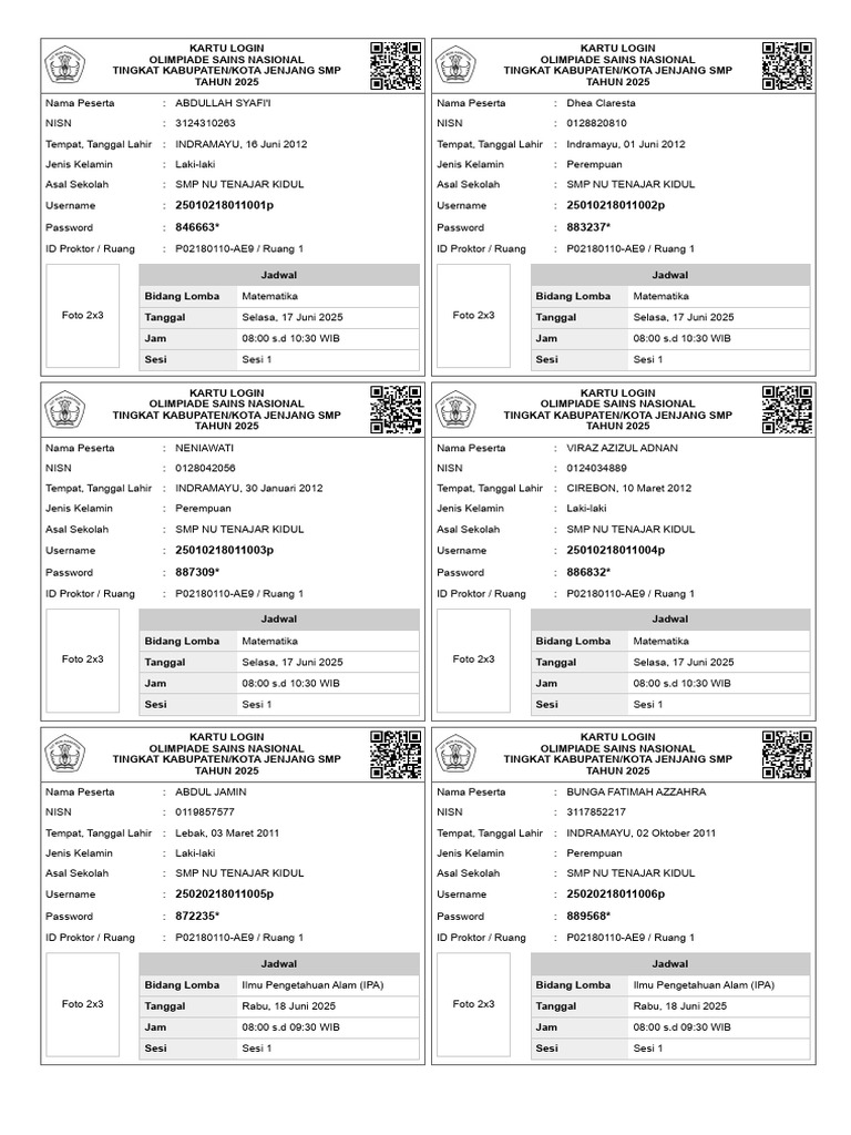 Kartu Login Olimpiade Sains SMP 2025 | PDF
