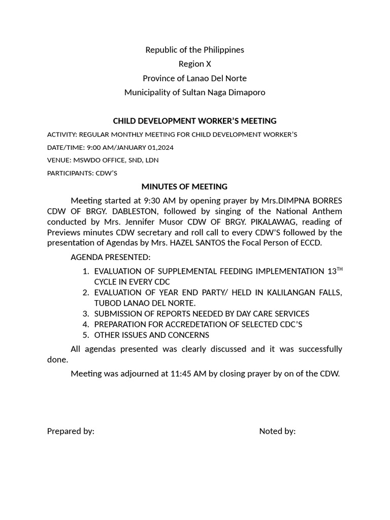 Monthly Meeting Minutes for Child Development Workers | PDF