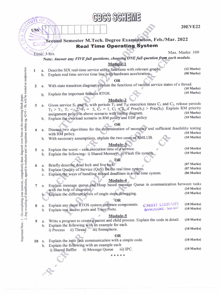 VTU Question Paper of 20EVE22 Real Time Operating System Feb-2022 | PDF