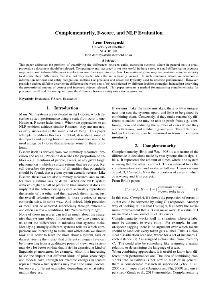 Measuring Complementarity in NLP F-scores | PDF | Accuracy And ...