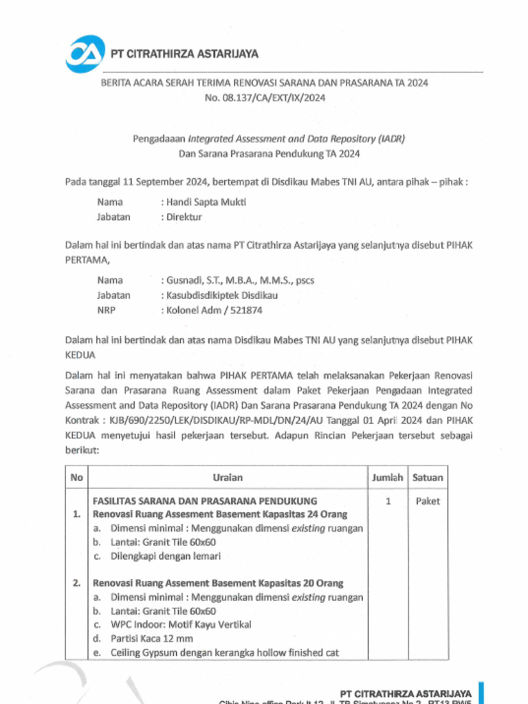 Draft Berita Acara Serah Terima Renovasi Sarana Dan Prasarana Iadr 2024 ...