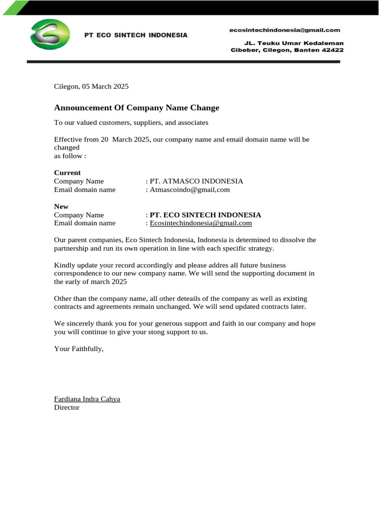 Announcement Company Name Change - Mcpu-I | PDF