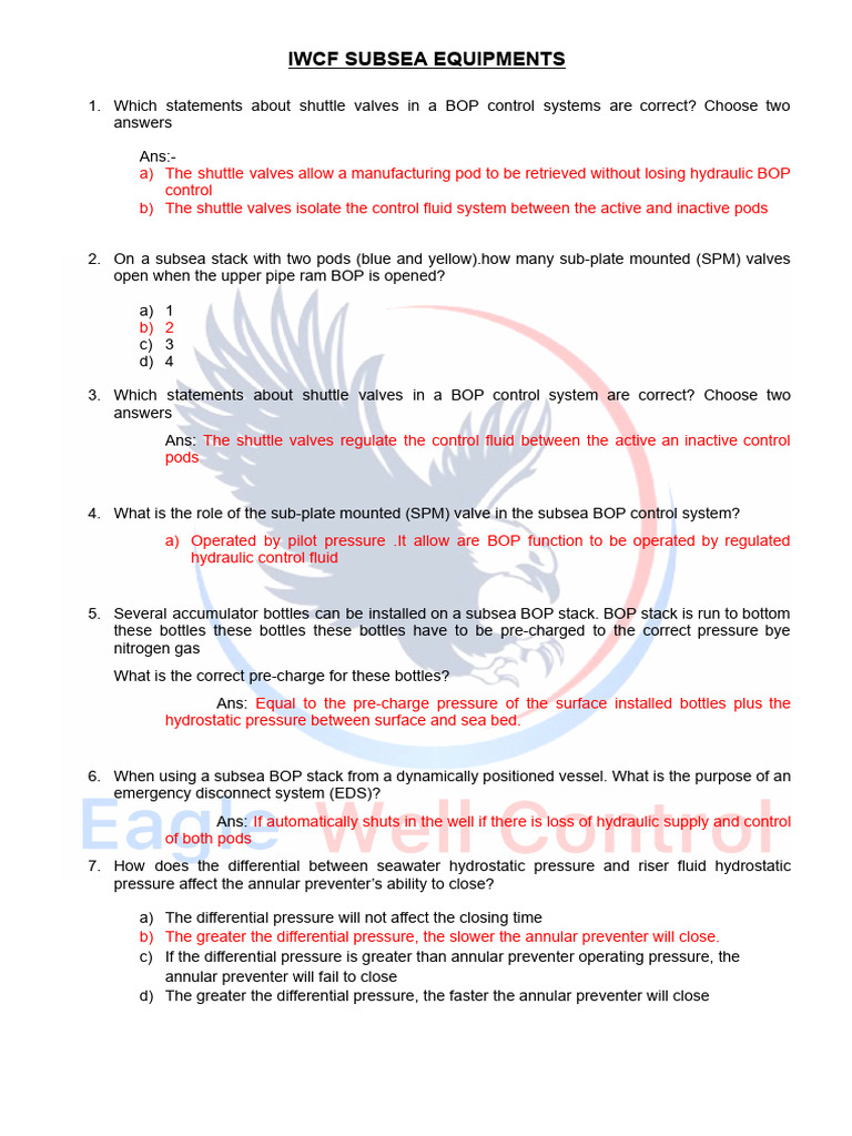 IWCF Subsea Equip QBank | PDF | Valve | Mechanical Engineering