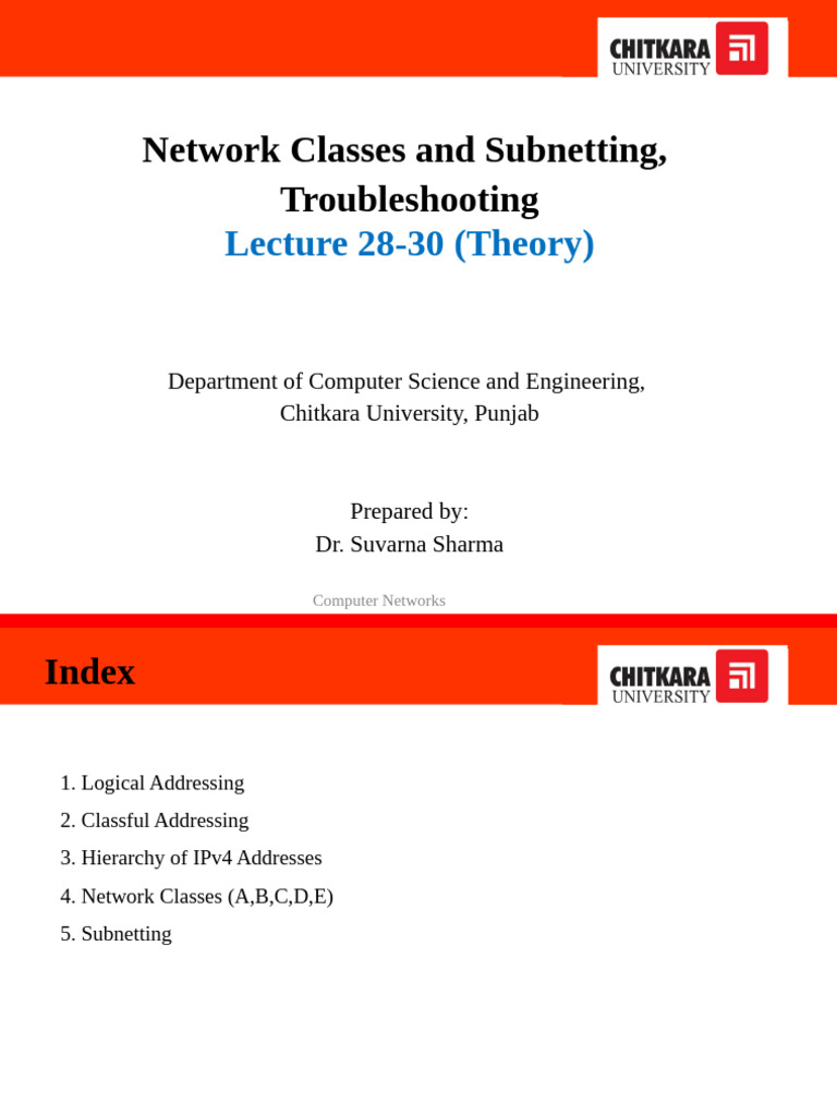 Lecture 28-30 (Network Classes and Subnetting, Troubleshooting) | PDF | Ip Address | Internet