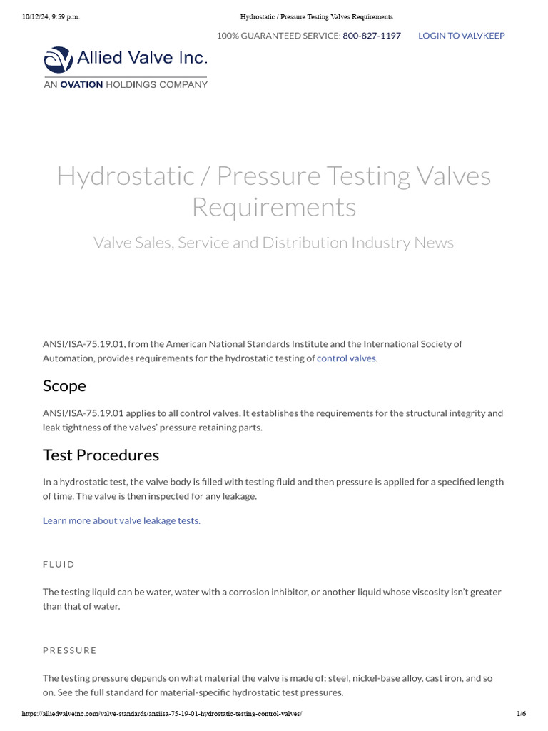 Hydrostatic - Pressure Testing Valves Requirements | PDF | Leak | Pressure