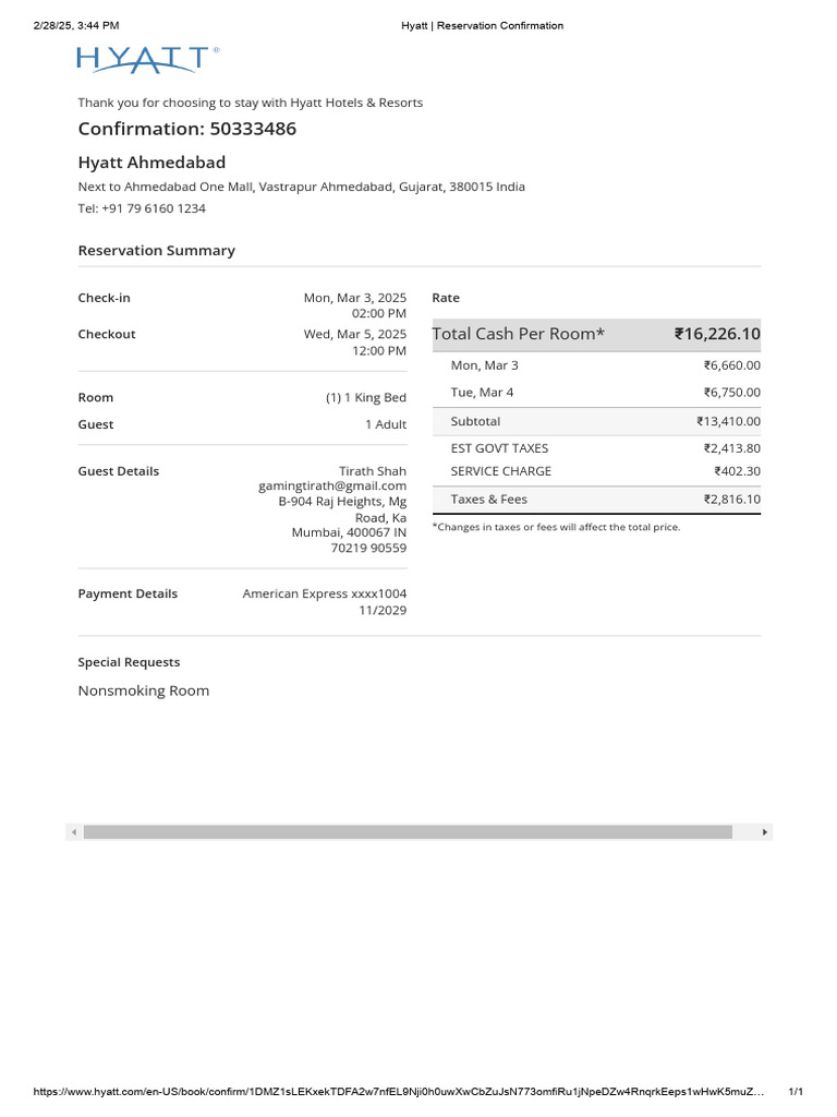 Hyatt Reservation Confirmation #50333486 | PDF