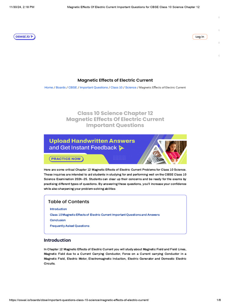 Magnetic Effects of Electric Current Important Questions For CBSE Class 10 Science Chapter 12 ...