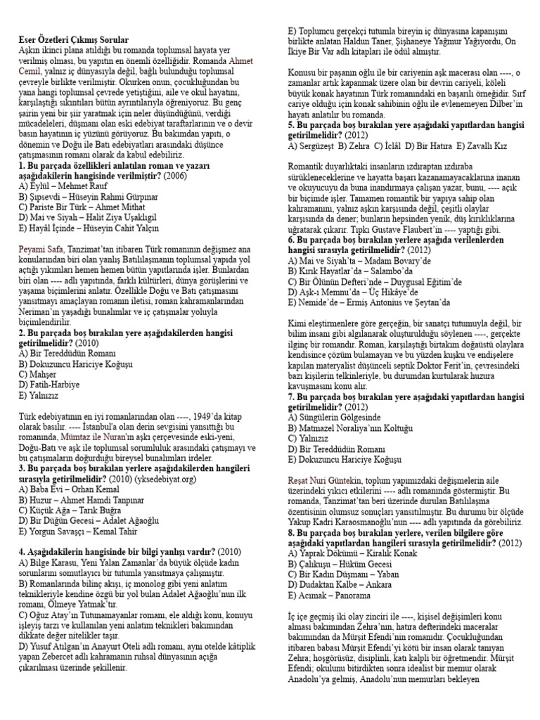 Eser Özetleri Çıkmış Sorular | PDF