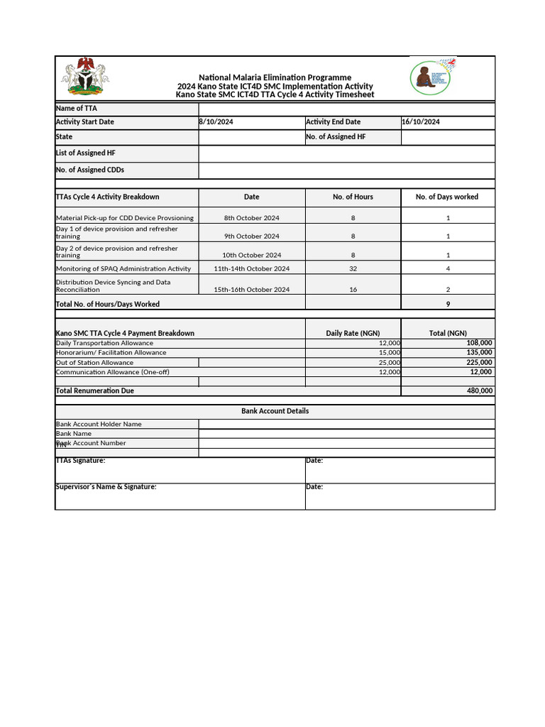 Kano TTA 2024 Cycle 4 Timesheet | PDF
