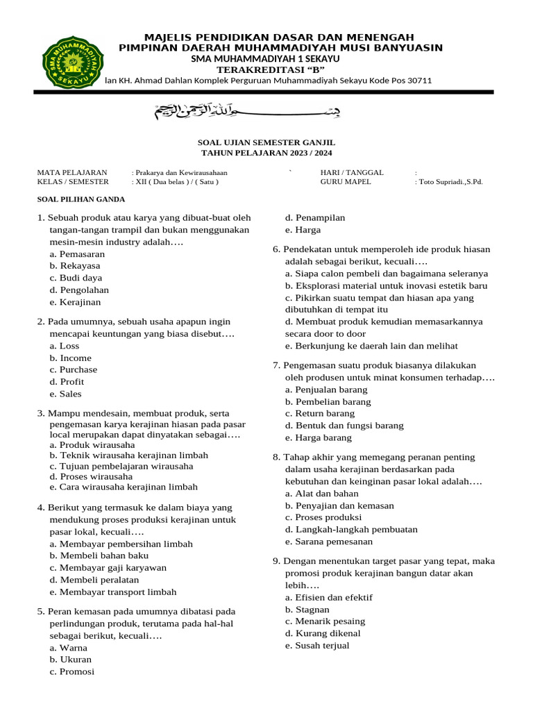Soal PKWU Kelas XII Tahun 2023 | PDF