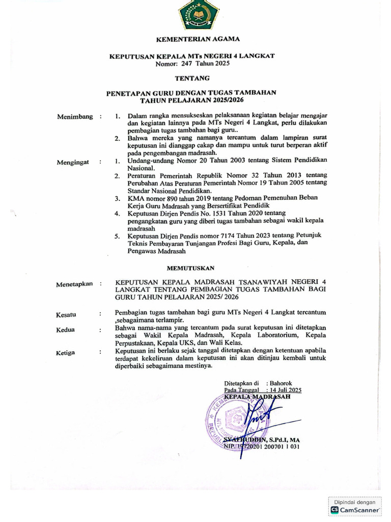 SK Penetapan Guru Dengan Tugas Tambahan | PDF