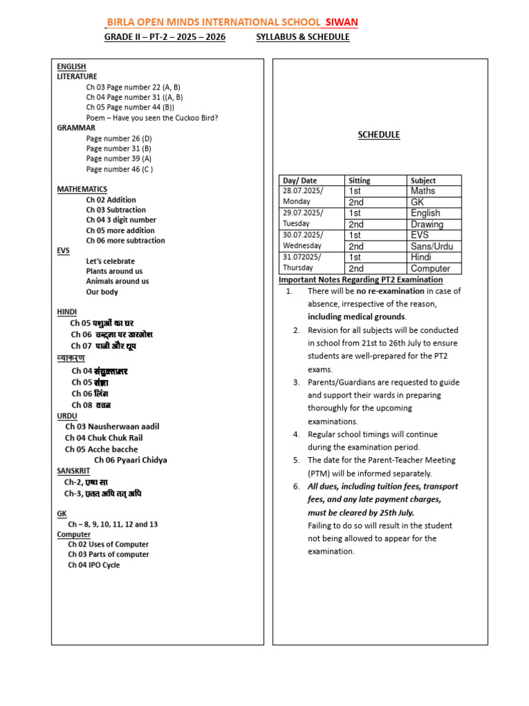 Class II Syllabus & Schedule 2025-26 | PDF