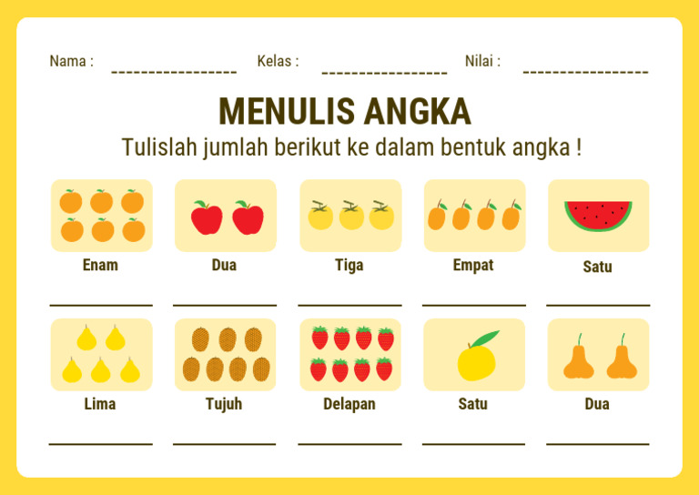 Kuning Ilustrasi Menulis Angka Lembar Kerja Sekolah | PDF