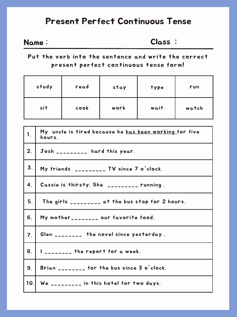 Blue Simple Present Perfect Continuous Tense English Worksheet | PDF