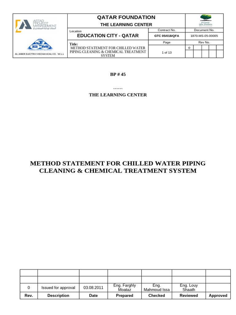 Sample Method Statement For Chilled Water Chemical Cleaning System | PDF | Safety | Personal ...