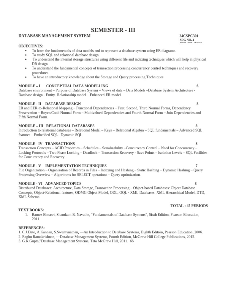 24CSPC301-DBMS Syllabus | PDF | Databases | Relational Database