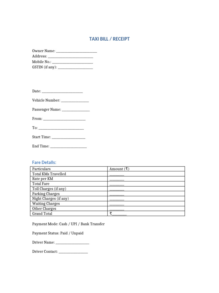 Taxi Bill Receipt Template | PDF