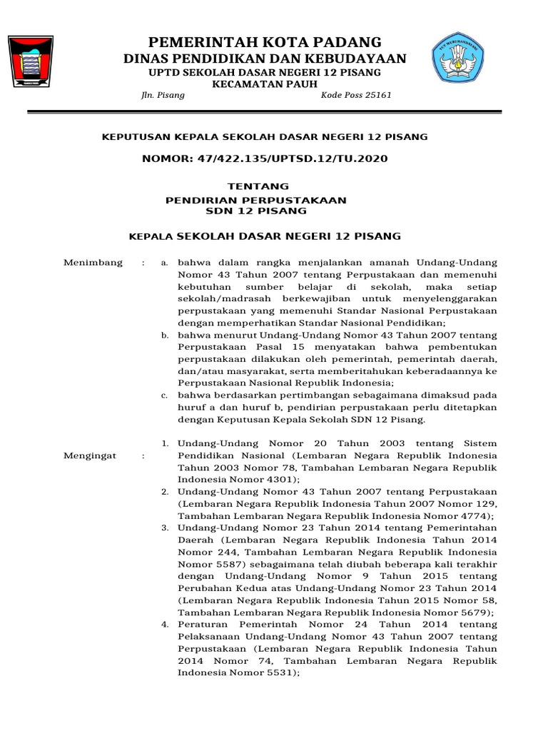 Contoh SK Pendirian Perpustakaan Sekolah | PDF