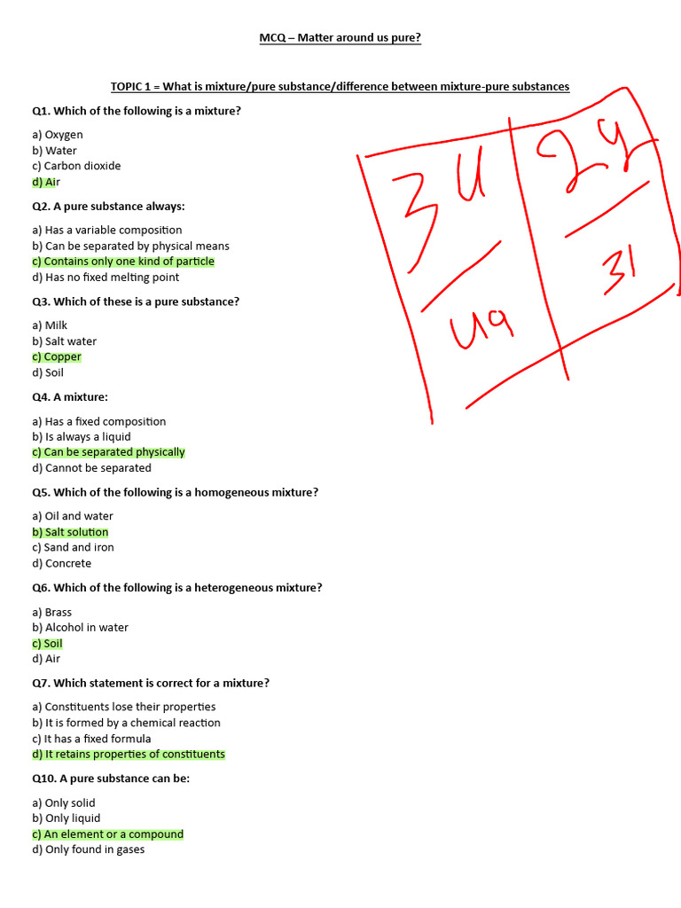 MCQ on Mixtures and Pure Substances | PDF | Mixture | Chemical Substances